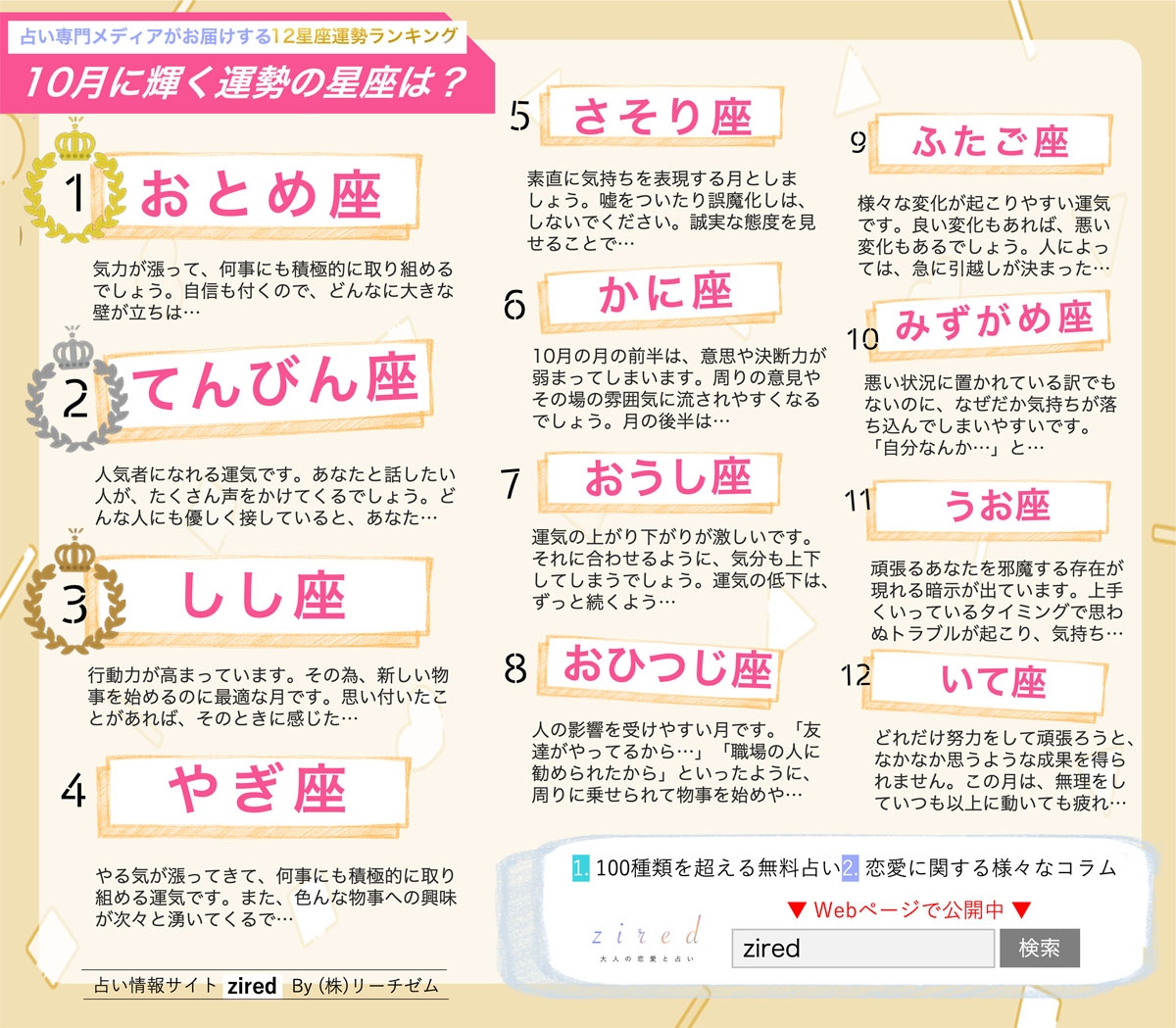 星座占い『10月運勢ランキング』を占いメディアのziredが発表 | NEWSCAST