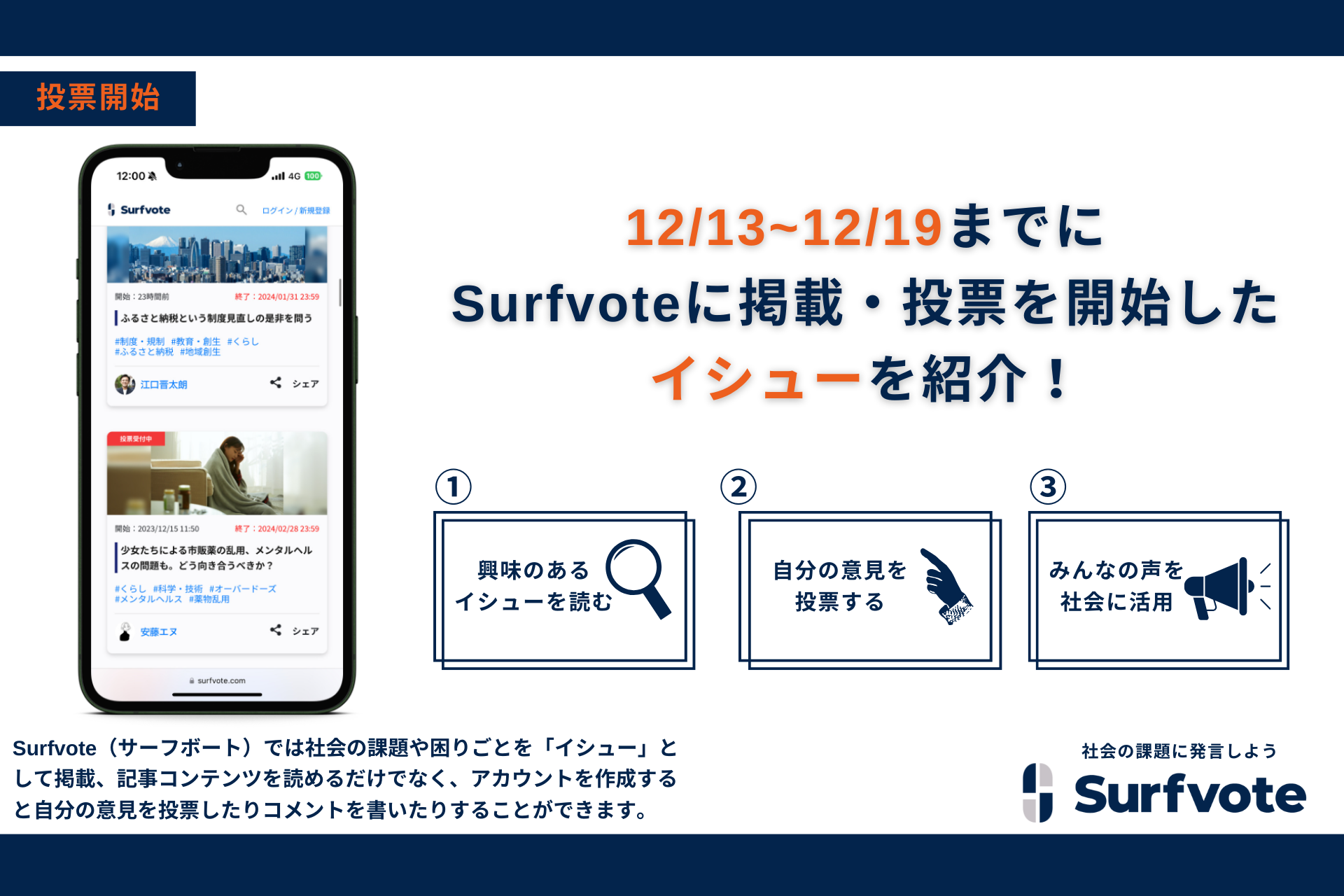 社会デザインプラットフォーム「Surfvote」、イシュー6件を新規発表・投票開始！社会課題への参加と対話のため、著名人や有識者がイシューを提起し、みんなの意見を募集します。 | NEWSCAST
