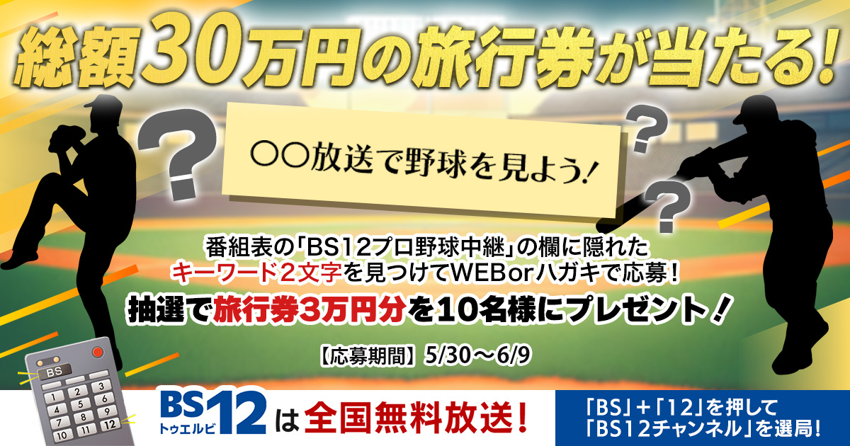 ＜総額30万円の旅行券が当たる＞ 番組表からキーワードを見つけて豪華賞品をゲットしよう！ ～BS12プロ野球中継プレゼントキャンペーン～ | NEWSCAST